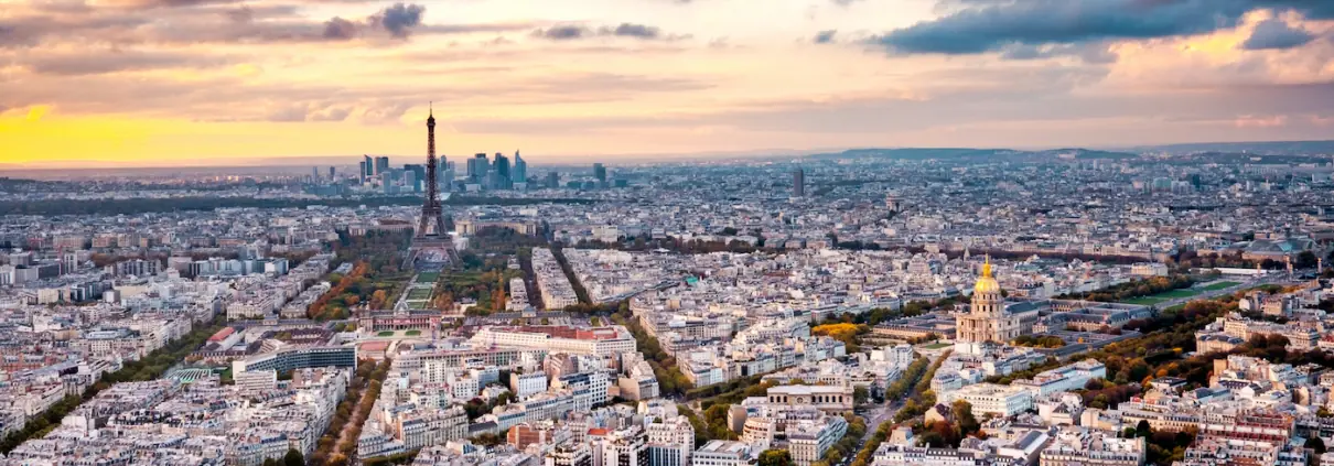 Paris vue aérienne coucher de soleil Tour Eiffel