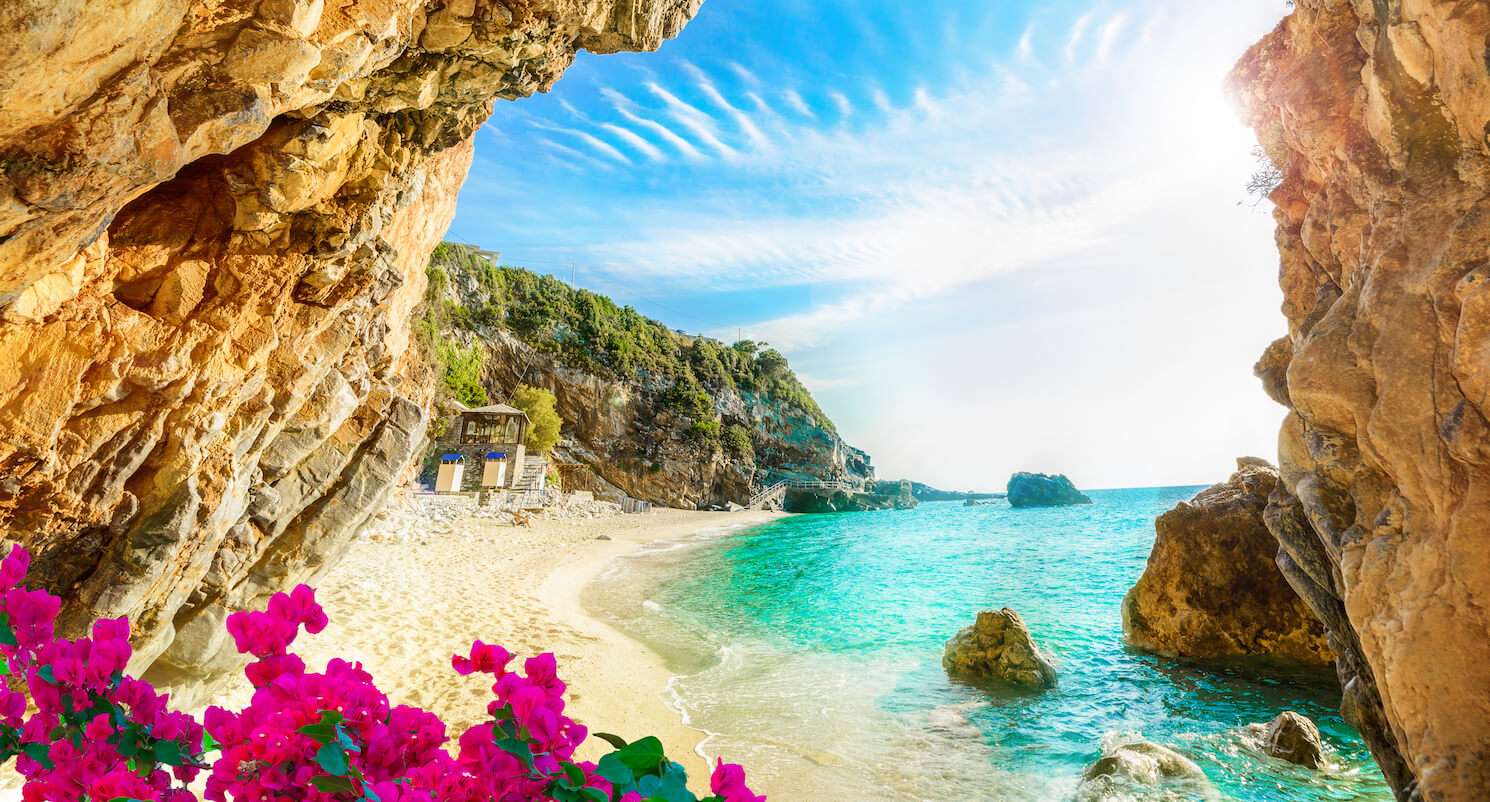 Plage Corfou en Grèce fleurs rose roches